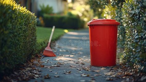 Red Garbage Bin On A Residential Pathway In Autumn Stock Illustration