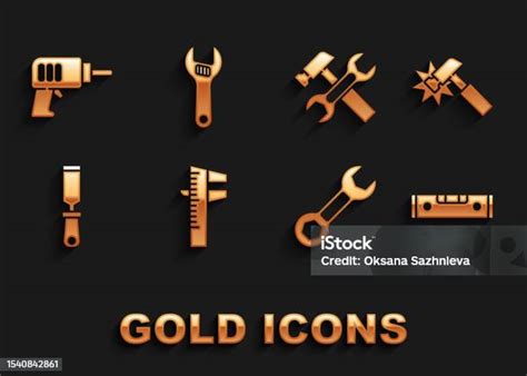 캘리퍼 또는 캘리퍼 및 스케일 해머 건설 버블 레벨 렌치 스패너 Rasp 금속 파일 렌치 전기 드릴 머신 및 조정 가능한 아이콘을 설정합니다 벡터 갈고리 발톱에 대한 스톡