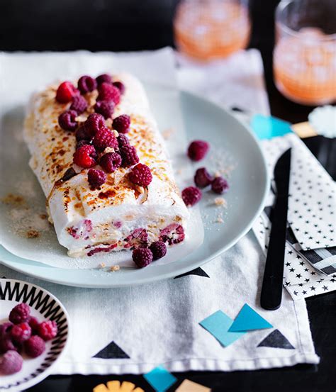 Sesame Praline Meringue Roulade With Rose Water Raspberries Recipe