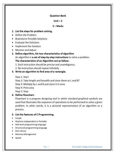 C Programming Question Bank With Ans For 2nd Ia Pdf