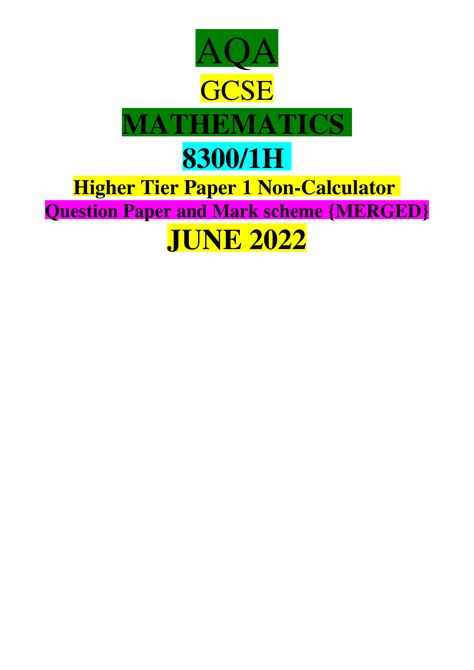 Aqa Gcse Mathematics 8300 1h Higher Tier Paper 1 Non Calculator Question Paper And Mark Scheme