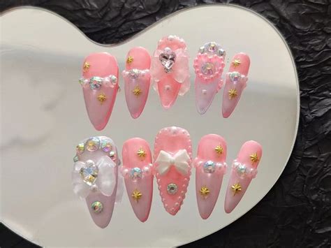 Pink Ombre Sailorr Moon Press On Nails Sailor Moon Nails White Bow