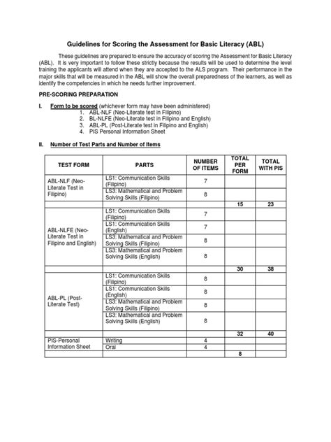 Guidelines For Scoring The Assessment For Basic Literacy Abl Download