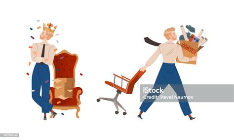 남자 사무실 직원 캐릭터 의자에서 크라운을 착용하고 해고되는 물건이있는 골판지 상자를 들고 벡터 세트 개념에 대한 스톡 벡터