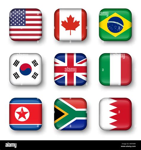 Set Of World Flags Quadrangular Badges USA Canada Brazil South