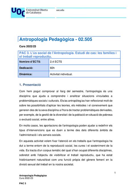 Pac 3 Families I Treball Reproductiu Ejercicios De Antropología Docsity