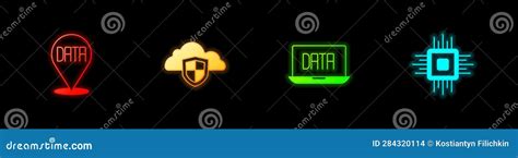 Set Data Analysis Cloud And Shield And Processor Cpu Icon Vector Stock Illustration