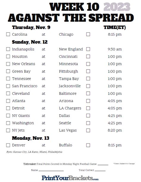 Nfl Week 11 Printable Pick Sheet