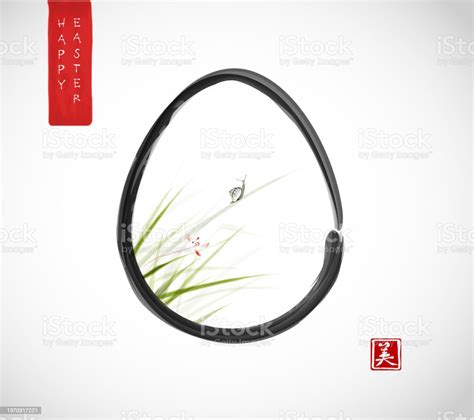 흰 배경에 달걀에 작은 달팽이와 녹색 잔디와 최소한의 일본 스타일의 부활절 인사말 카드 일본의 전통 잉크 워시 페인팅 스미e