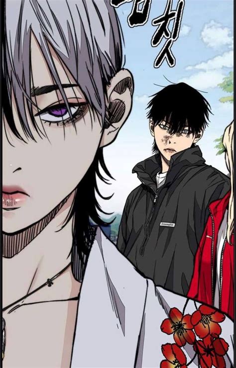 An Anime Character With Grey Hair And Blue Eyes Is Standing Next To