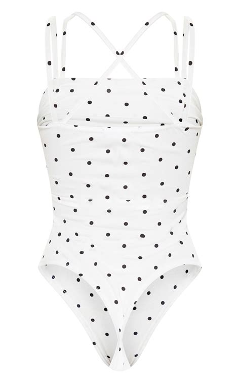 White Polka Dot Printed Ruched Strappy Bodysuit Prettylittlething