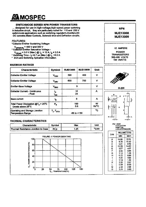 MJE13009 datasheet(1/4 Pages) MOSPEC | POWER TRANSISTORS(12A,300-400V,100W)