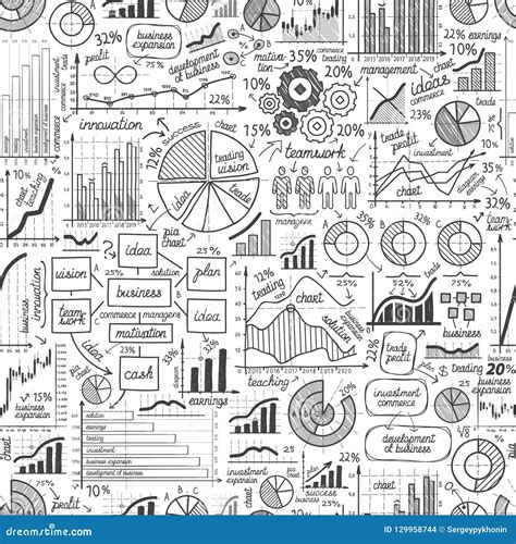 Business Seamless Background Hand Drawn Graph Chart Doodle Vector