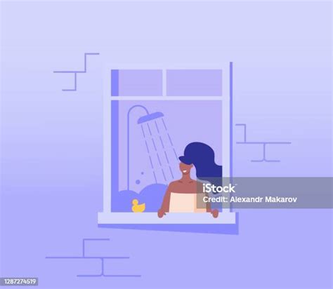 여자는 창문 옆에 서서 샤워를 합니다 휴식의 개념 집에서 머물 인간의 삶 꿈 휴식 가정 아늑함 편안함 플랫 디자인의 벡터 일러스트레이션 가정 생활에 대한 스톡 벡터 아트 및