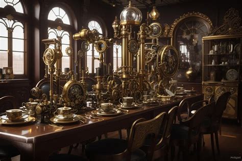 Premium Ai Image Neo Victorian Steampunk Dining Brass Gadgets Vintage