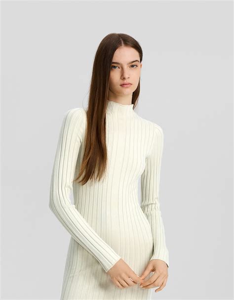 Ribbed Knit Midi Dress With High Neck Women Bershka