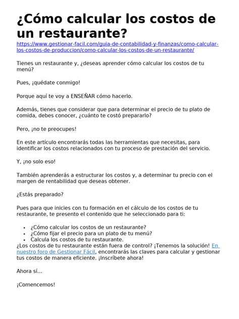 Cómo Calcular Los Costos De Un Restaurante Pdf Restaurantes Cocina