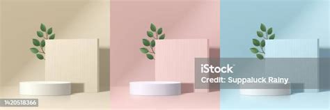 베이지색 파란색 분홍색의 사실적인 실린더 연단이있는 추상적 인 3d 배경 세트 사각형 파티션과 녹색 잎 벡터 렌더링 기하학적 형태 모형 제품 표시 최소한의 장면 무대