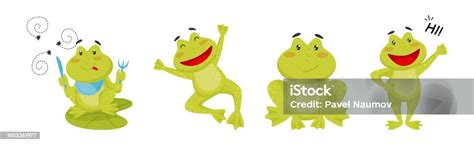 Karakter Katak Melompat Hijau Lucu Terlibat Dalam Set Vektor Aktivitas