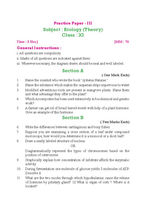 11 Biology Sample Papers 3 Practice Paper Iii Subject Biology