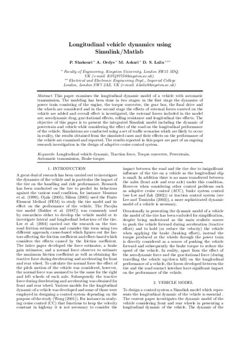 Pdf Longitudinal Vehicle Dynamics Using Simulink Matlab