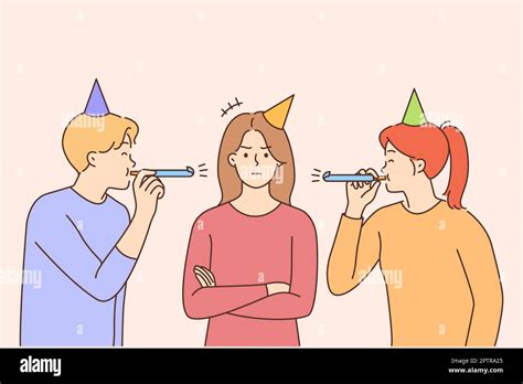 Joyful People Blow In Whistles Congratulate Unhappy Girl With Birthday