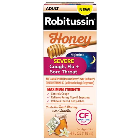 Robitussin Adult Honey Cf Nighttime Max Liquid For Cough Flu And Sore