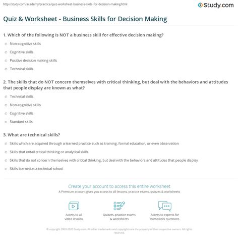 Quiz Worksheet Business Skills For Decision Making Study Com