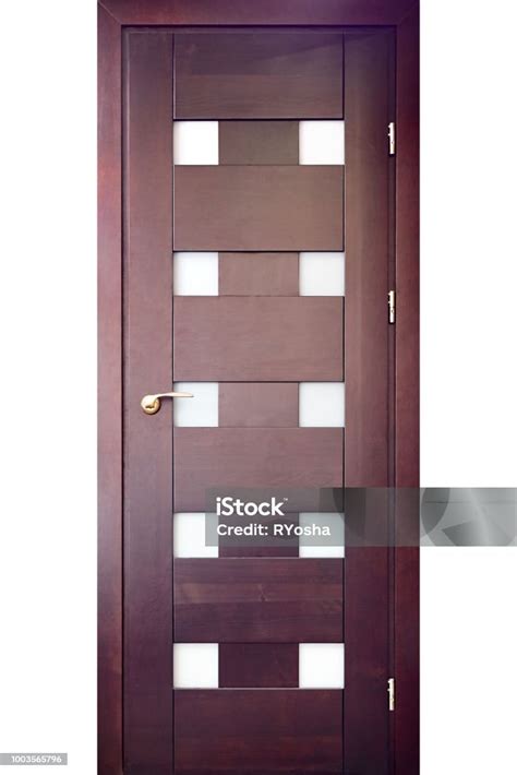 황동 손잡이와 인세트 젖 빛된 유리 사각형 흰색 절연의 레드 오크의 나무 실내 문 가정 생활에 대한 스톡 사진 및 기타 이미지