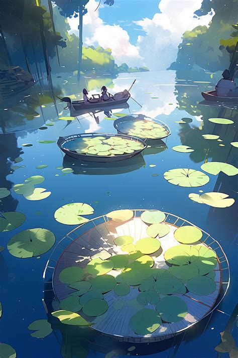 Ai数字艺术女孩池塘荷花荷叶夏季插画