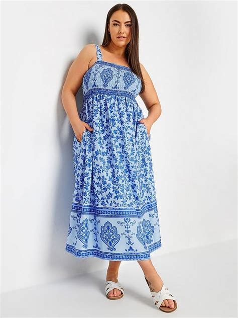 Yours Curve Border Shirred Maxi Dress Santorini Blue Very