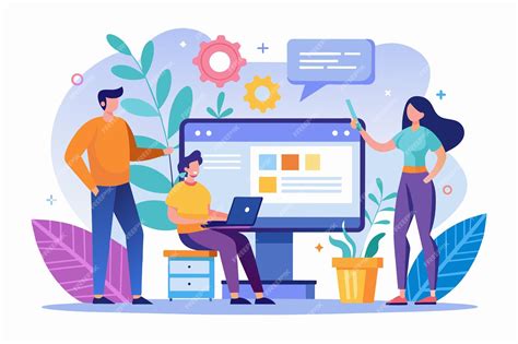 Premium Vector Group Of People Analyzing Data On Computer Screen Working Together With