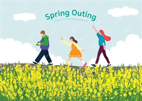 Premium Vector People Going On A Spring Picnic Through A Field Of