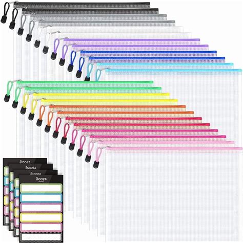 24 Pack Mesh Zipper Pouch With Sticky Labels A4 Mesh Bags For Board