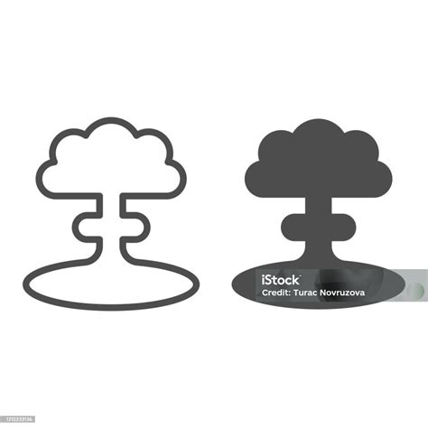 핵 폭발 라인과 솔리드 아이콘입니다 원자 폭탄 쾅 버섯 모양 독성 구름 기호 흰색 배경에 윤곽 스타일 그림 모바일 컨셉 또는 웹 디자인에 대한 전쟁 기호 벡터 그래픽 검은