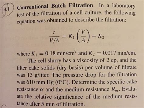 Solved Conventional Batch Filtration In A Laboratory Test Of