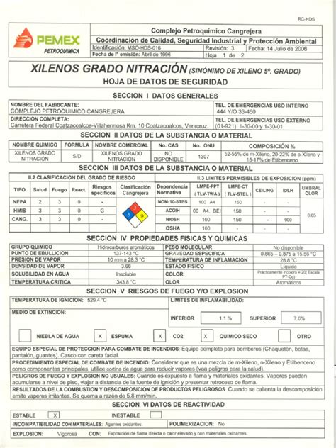Hoja De Seguridad Xilenos Grado Nitración Pdf Hidrocarburos