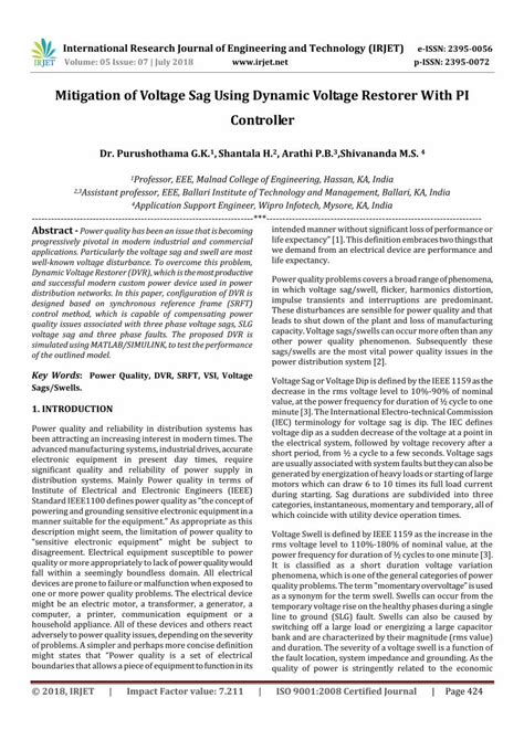 Pdf Mitigation Of Voltage Sag Using Dynamic Voltage Restorer With Pi