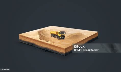 토양 조각의 3d 그림 모래 채 석 장 어두운 배경에 고립에 팁 주는 사람 트럭 슬라이스에 대한 스톡 사진 및 기타 이미지 슬라이스 흙 0명 Istock