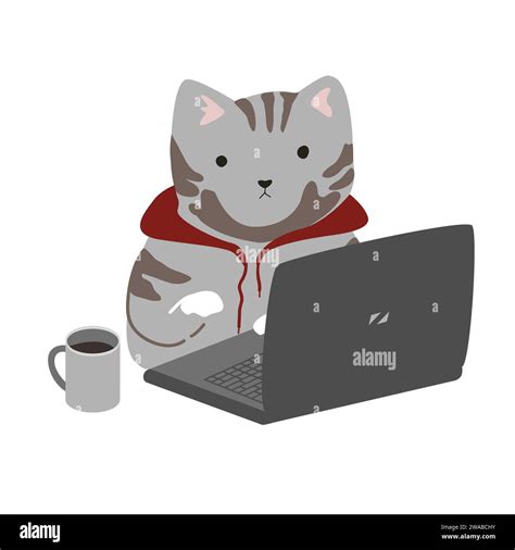 Funny Programmer Cat In Red Hoodie Working At A Laptop With A Cup Of