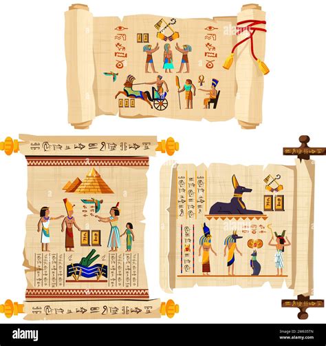 Ancient Egypt Papyrus Scroll Cartoon Vector Collection With Hieroglyphs And Egyptian Culture