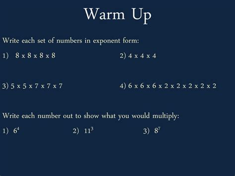 Warm Up Write Each Set Of Numbers In Exponent Form Ppt Download