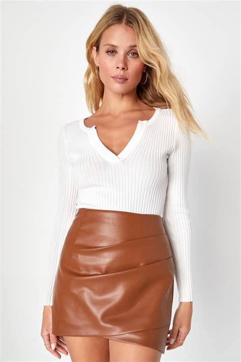 Brown Mini Skirt Asymmetrical Skirt Vegan Leather Skirt Lulus