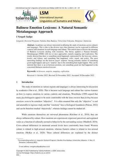 View Of Balinese Emotion Lexicons A Natural Semantic Metalanguage Approach