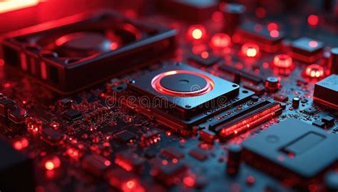 Close Up Of Red Lit Computer Motherboard Electronic Components Cpu Processor Memory Fan