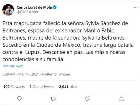 Murió Sylvia Sánchez esposa de Manlio Fabio Beltrones Infobae