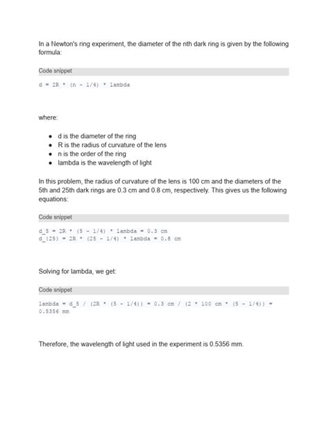In A Newton Ring Experiment Diameter Of 5th And 25th Ring Are 03 Cm