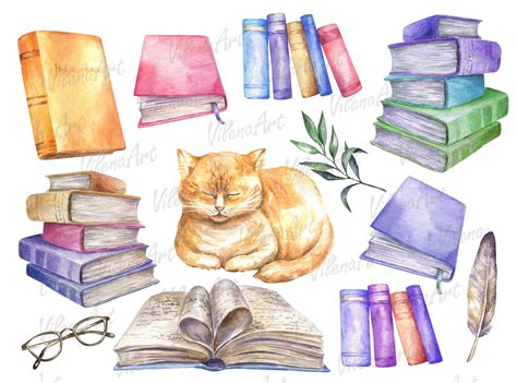 Watercolor Books Clip Art Vintage Book Clipart Cat Png Etsy