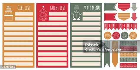 크리스마스 플래너 세트입니다 귀여운 크리스마스와 새해 메뉴 선물 목록 손님 목록 및 메모 템플릿 노트 종이와 스티커는 겨울 요소로 설정되어 있습니다 휴일 준비를 위한 체크