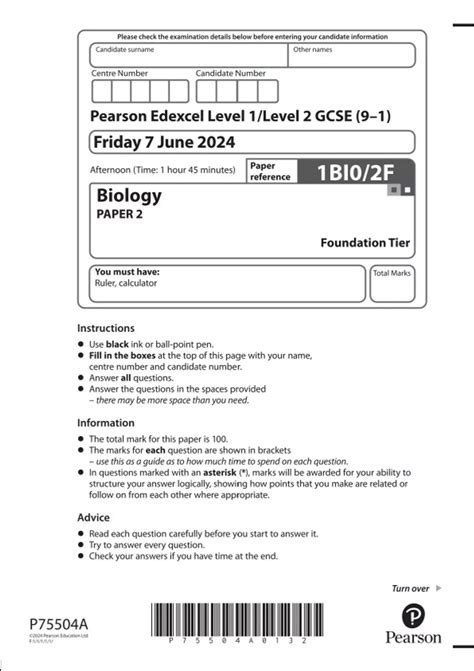 Pearson Edexcel Level 1/Level 2 GCSE (9–1) Biology PAPER 2 Foundation Tier JUNE 2024 QUESTION ...